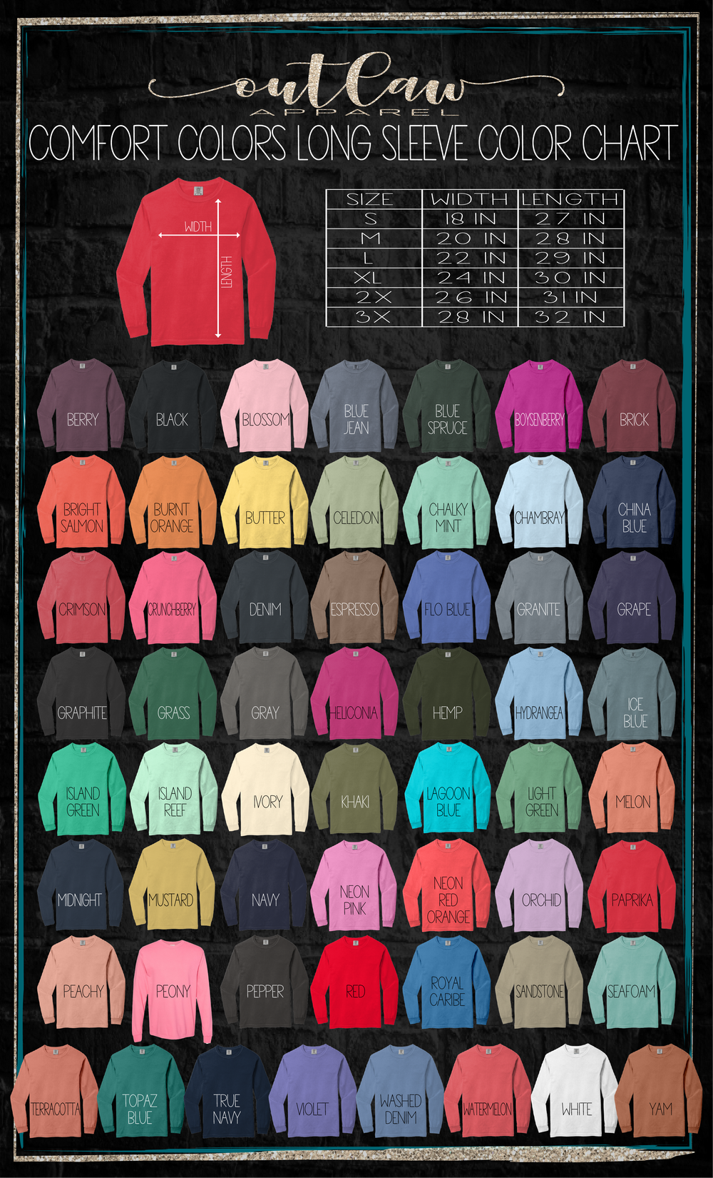 Color+Size Charts | Outlaw Apparel