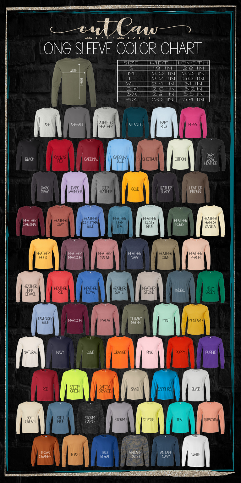 Color+Size Charts | Outlaw Apparel